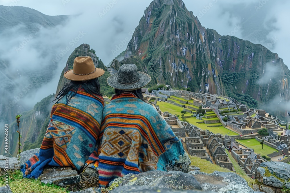 Two people wearing traditional ponchos and hats sit side-by-side ...