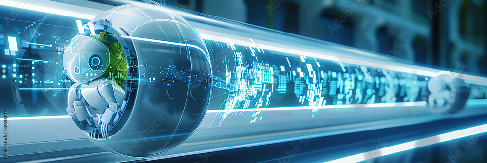 mascot robots sitting on white globe wear headphones working inside ...