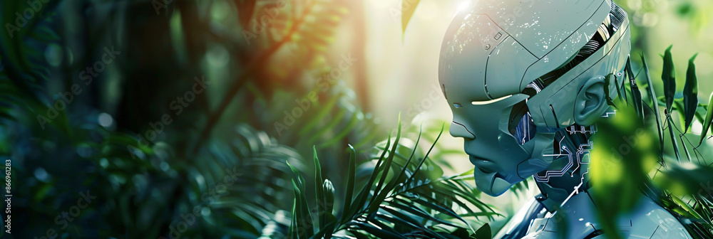 white glowing humanoid male robot with yellow eyes standing hiding face ...