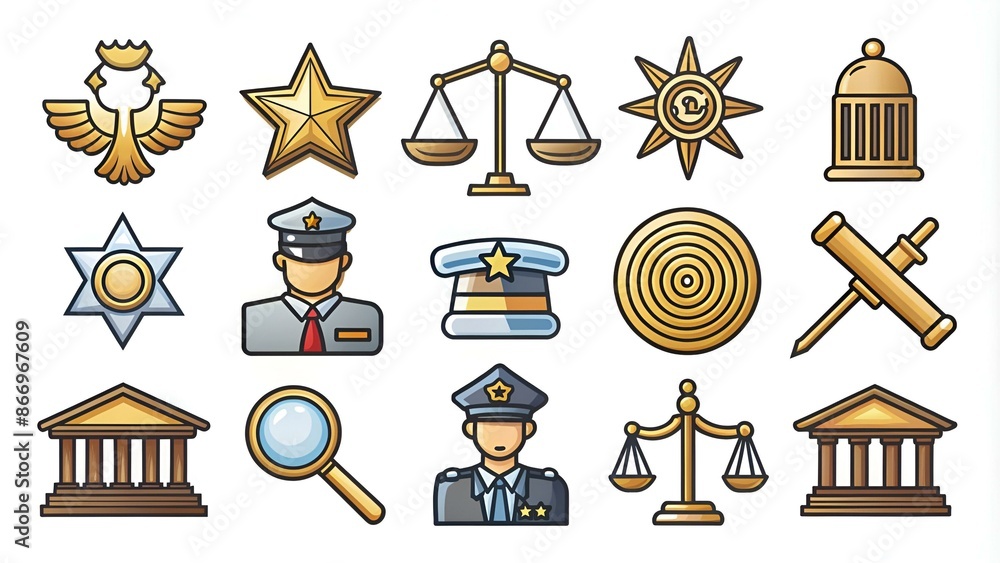 Set of vector crime, law, police and justice line icons. Sheriff star ...