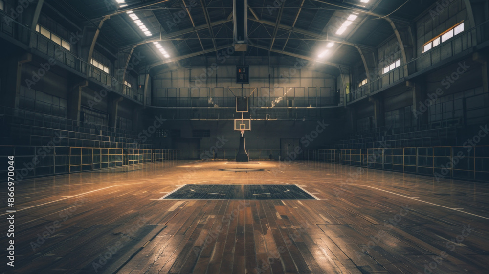 An empty basketball court stands ready for the next game, illuminated ...