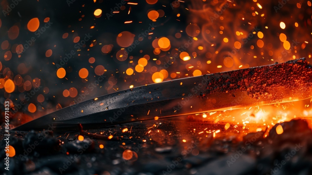 Forging Process: A dramatic image of a knife being forged, with sparks ...