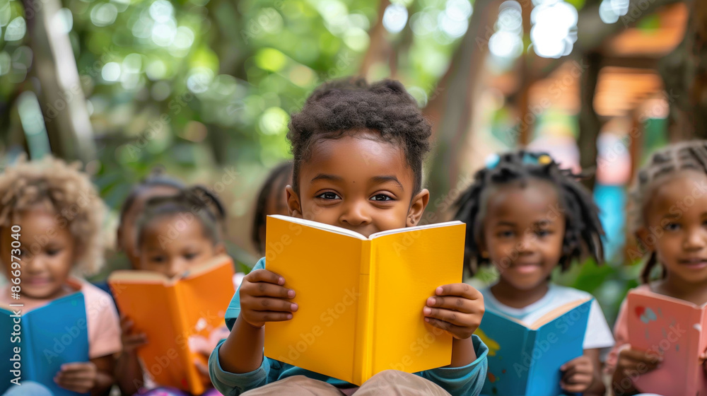 National Book Lovers Day. Children reading books at park. Children ...