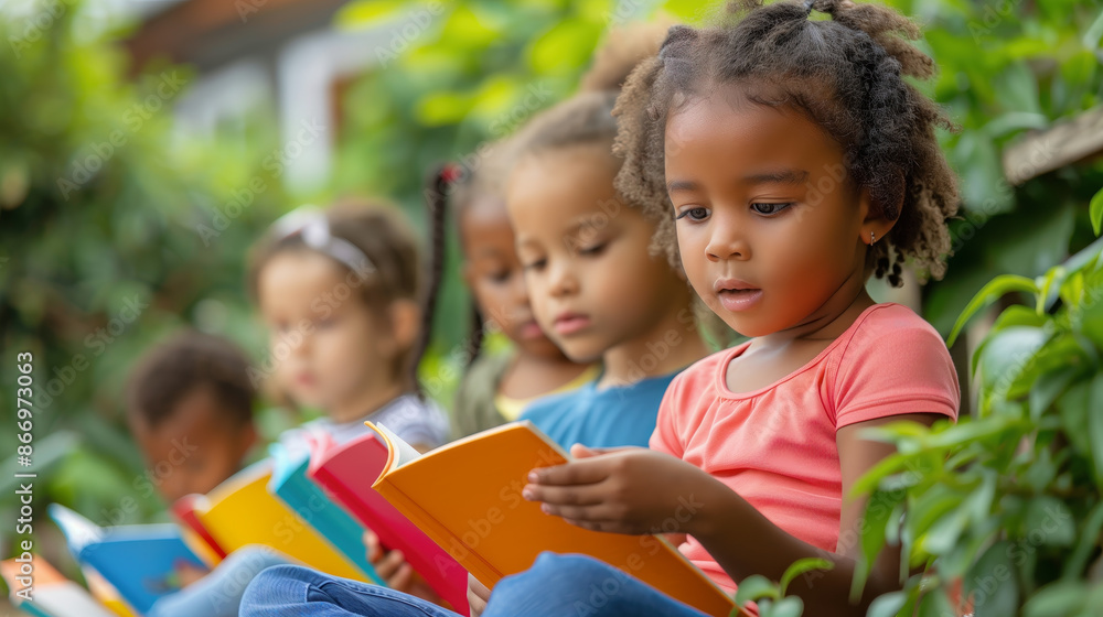 National Book Lovers Day. Children reading books at park. Children ...