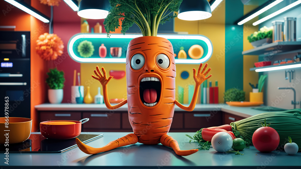 Hysterical fresh orange carrot in a chef's kitchen screaming, bulging ...