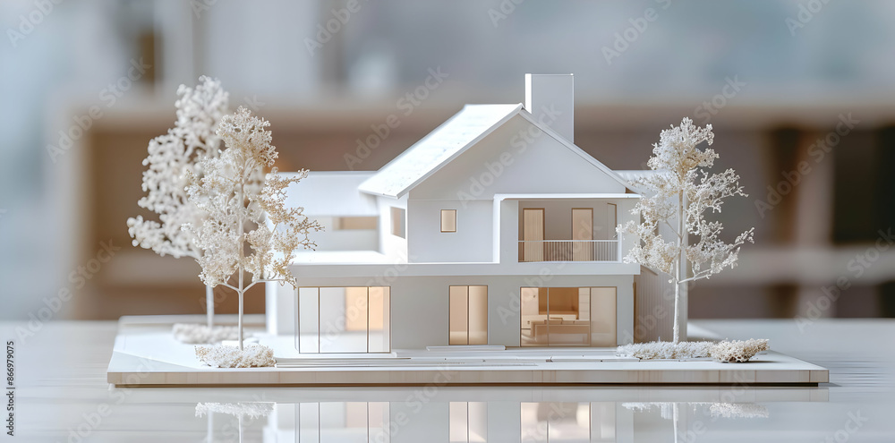 White Architectural Model of a Modern House with Trees and a Reflection ...