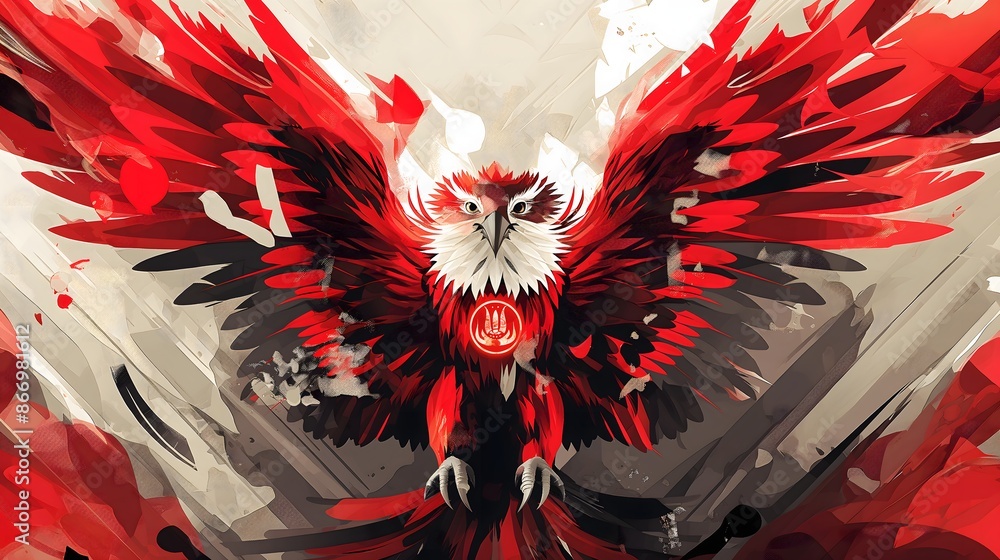 1. Create an image featuring a background adorned with the bold red and ...