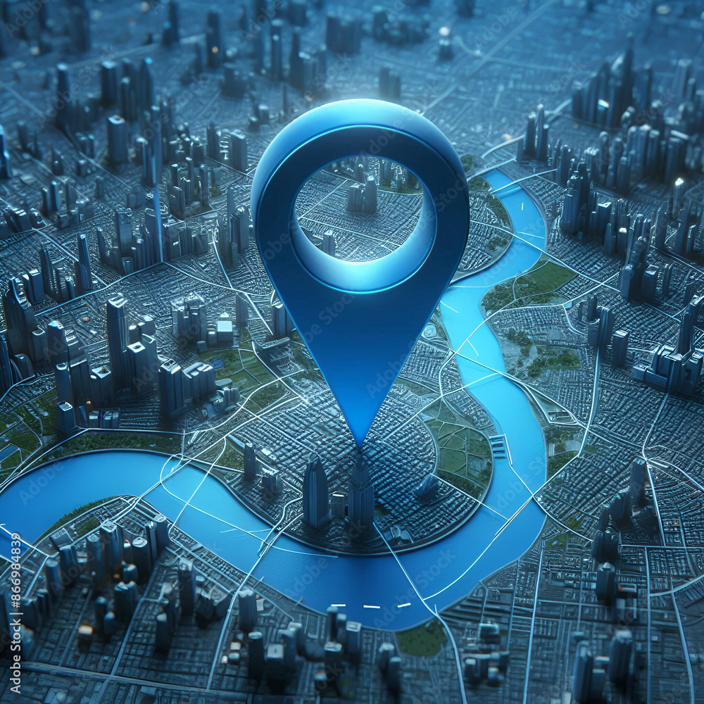 Blue geopin is a location pin icon on an earth city urban map that ...