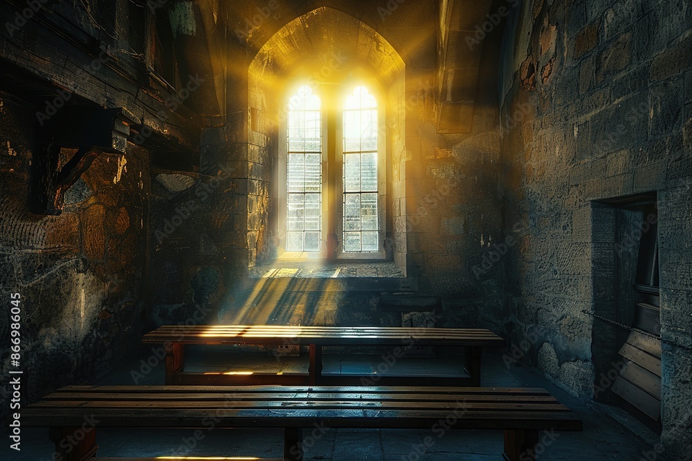 Light falling through window in old church with wooden benches. Sun ...