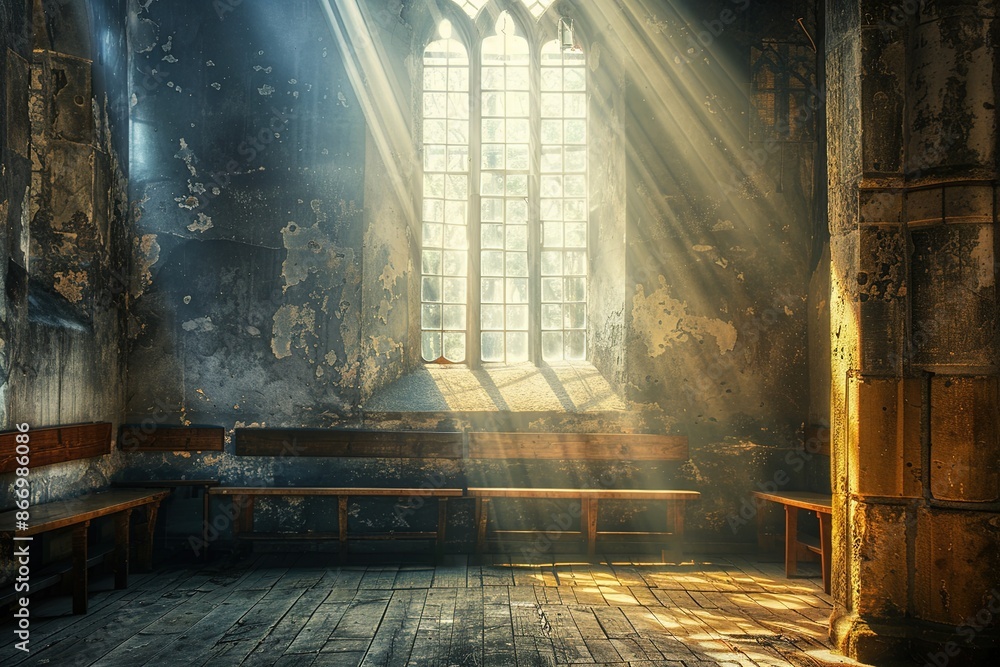 Light falling through window in old church with wooden benches. Sun ...