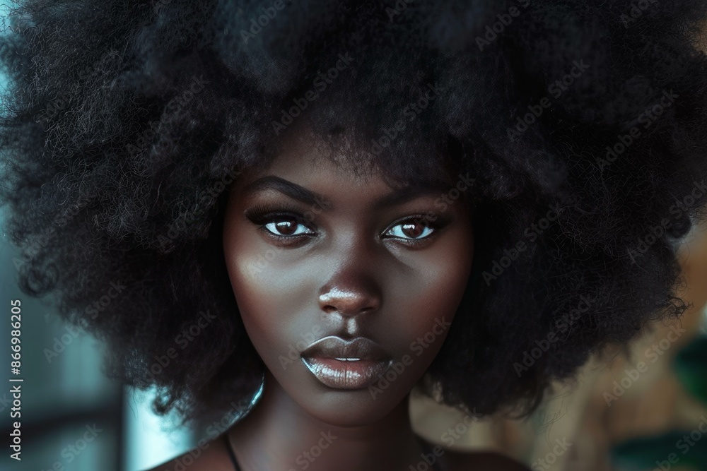 Beautiful black fashion model with dark skin and an afro hairstyle is ...