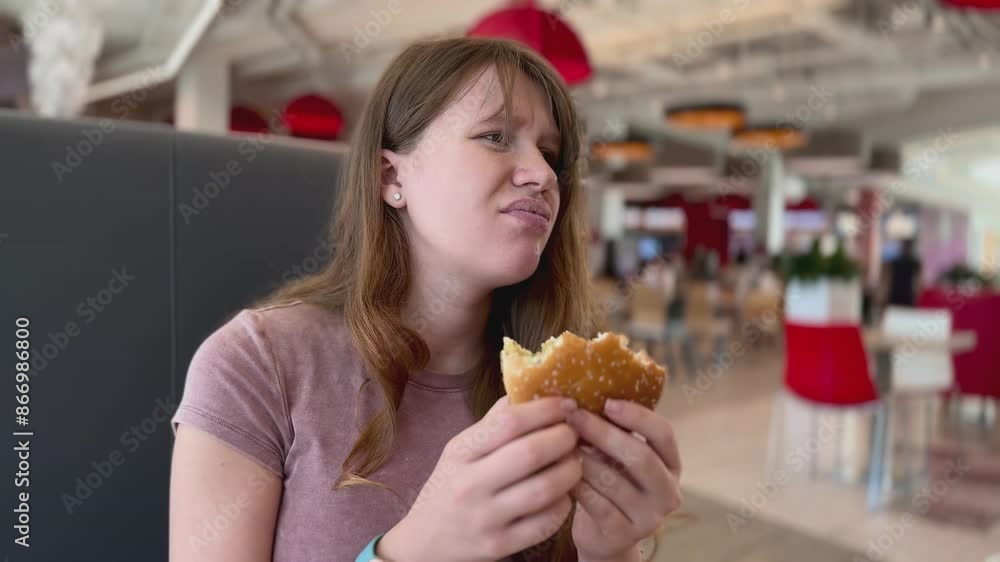 Sad depressed young woman eating burger in fast food restaurant. Eating ...