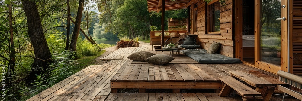 outside patio living area of a wooden camping hut, wooden walkways and ...