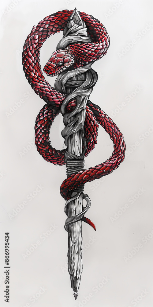 Ultra realistic drawing of a red snake spiraling around a wooden staff ...