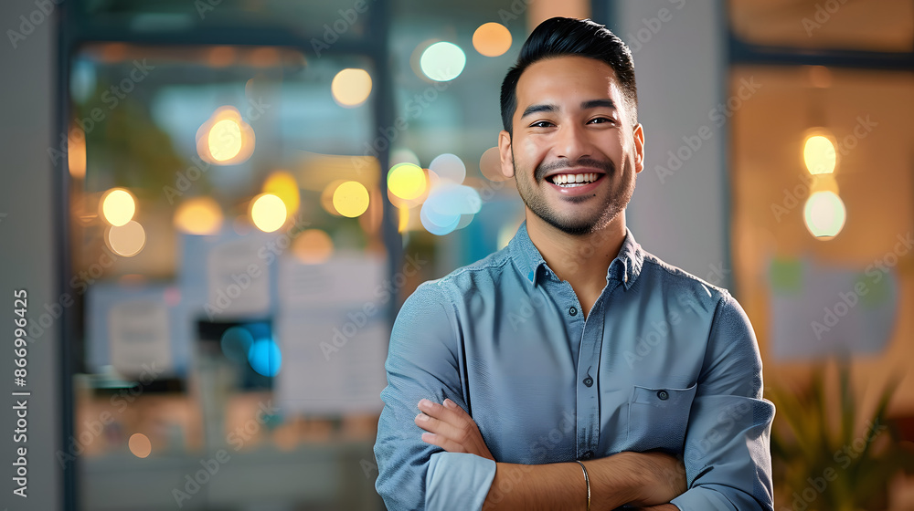 Business man, arms crossed and smiling face with creative worker and ...