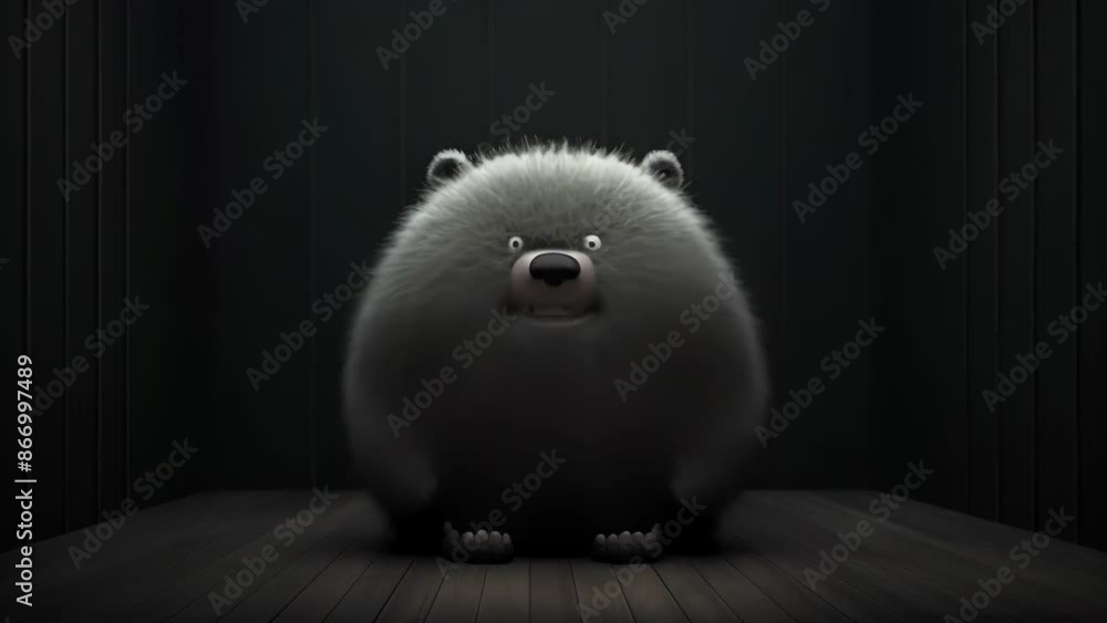 Round, furry creature with tiny facial features. Dark grey, soft ...