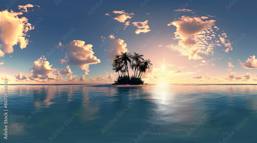 Tropical island with a palm tree at sunset. HDRI, environment map ...