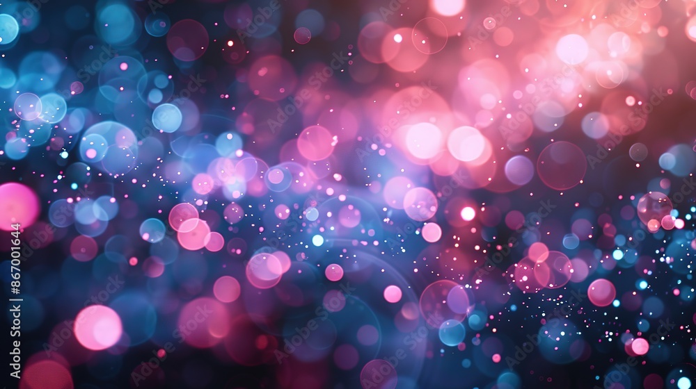 Magical neon background with bokeh and tiny particles, explosion and swirl of sparkles and ...