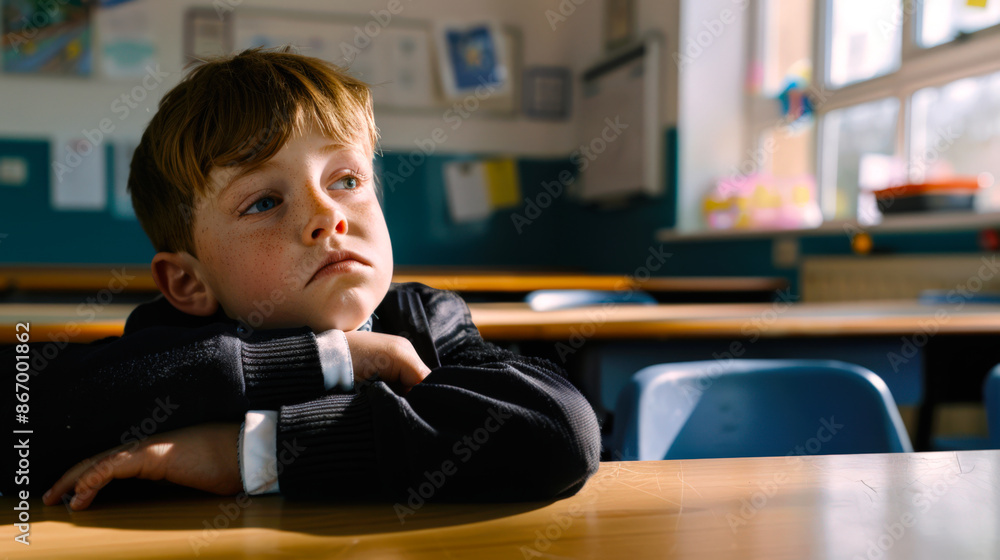 School days. A candid portrait of a tired, bored student at a desk in ...