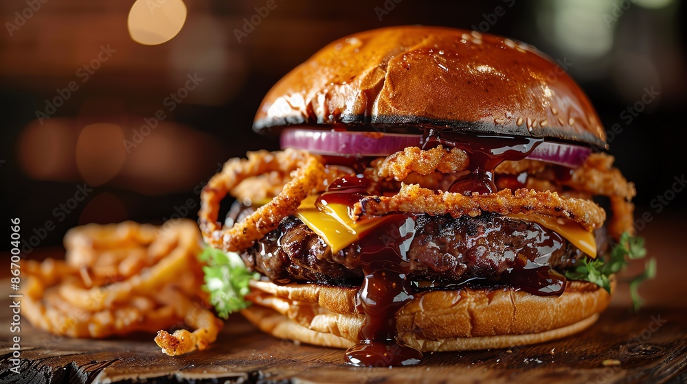Texas BBQ burger with smoky barbecue sauce, cheddar cheese, and crispy ...