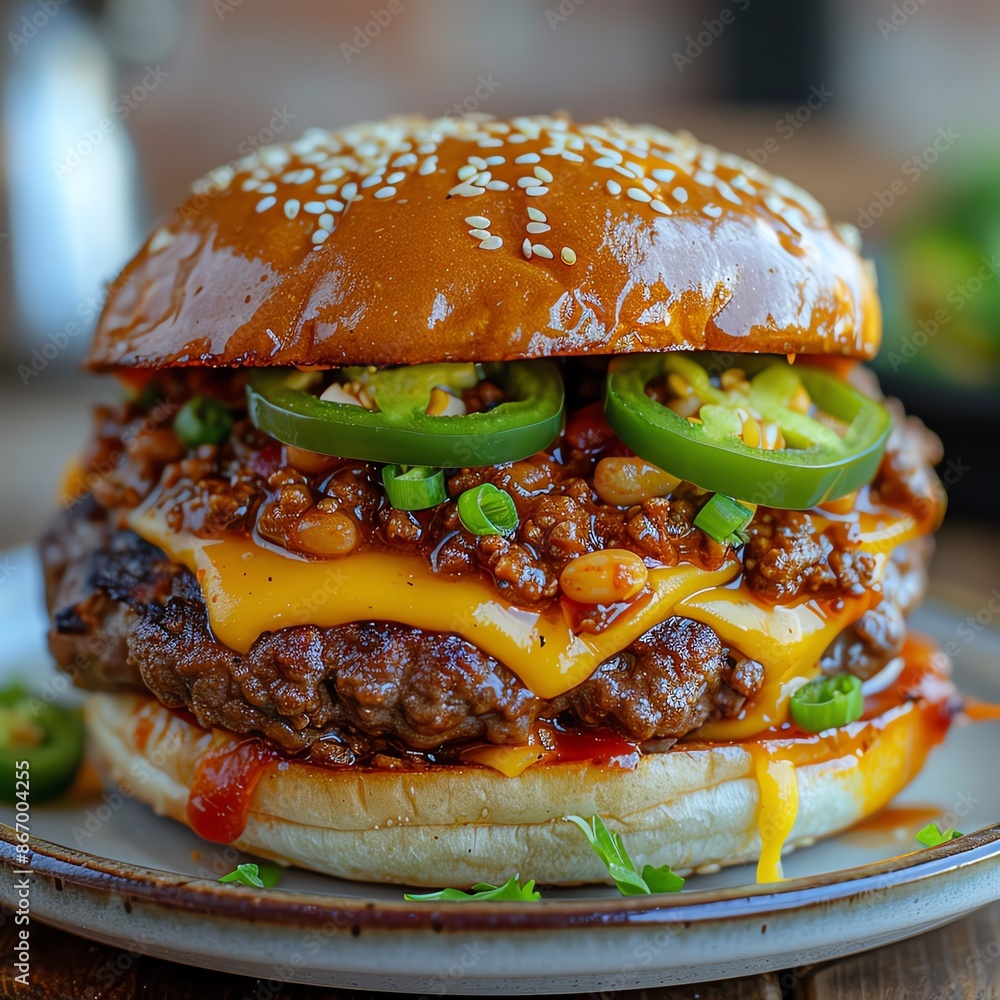 Chili cheeseburger with a beef patty, chili con carne, cheddar cheese ...