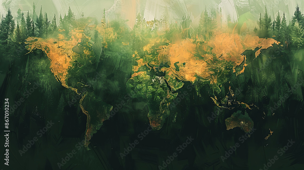 Beautifully stylized world map in green tones on aged paper background ...