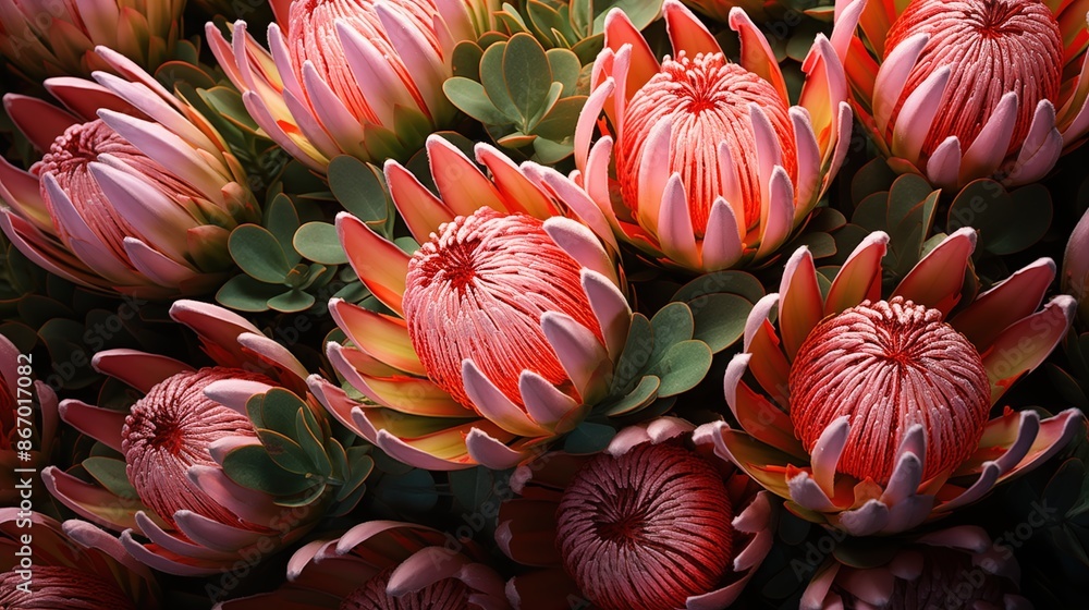 Protea flowers beauty texture. A close-up view of multiple pink protea ...