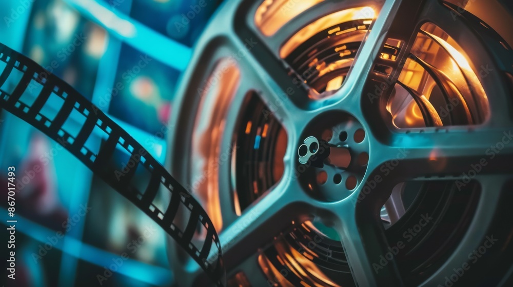 A traditional film reel merging with a digital movie streaming service ...