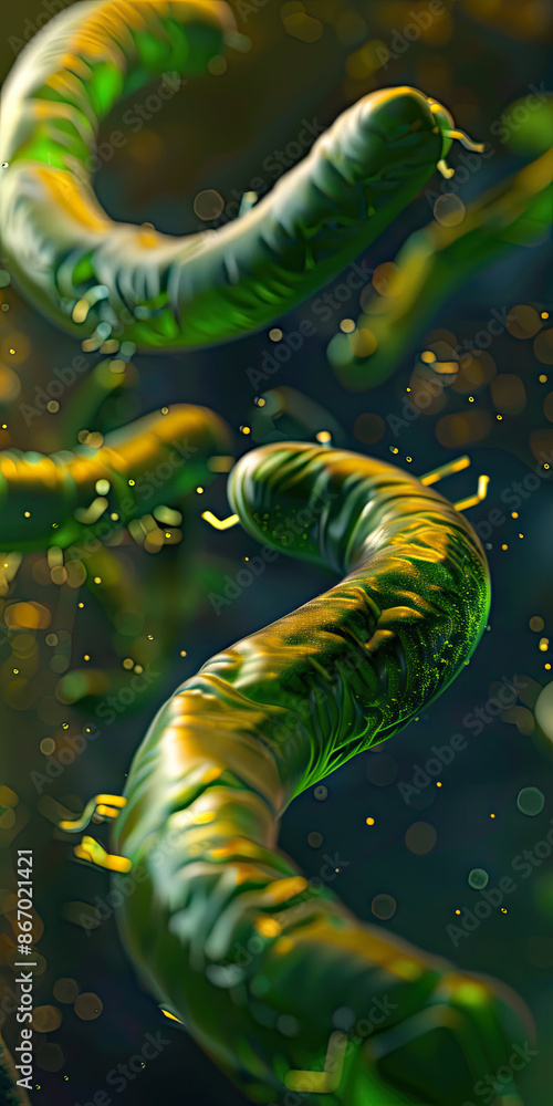 Green and yellow Helicobacter pylori, spiral-shaped, moving through a ...