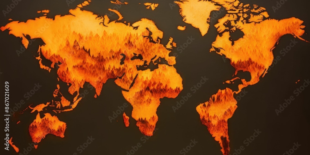 Fiery world map with glowing edges and smoky background, symbolizing ...