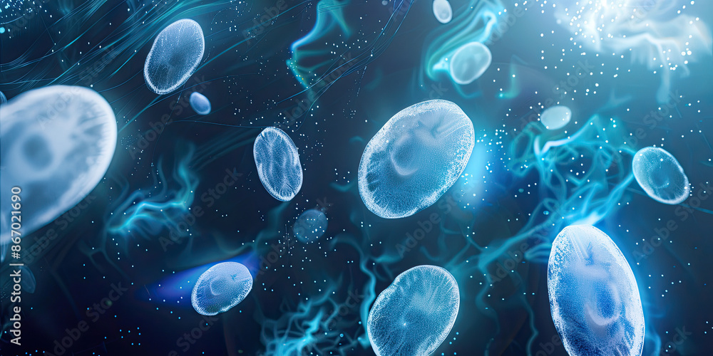 White and blue oval-shaped Candida albicans, stylized against a dark ...