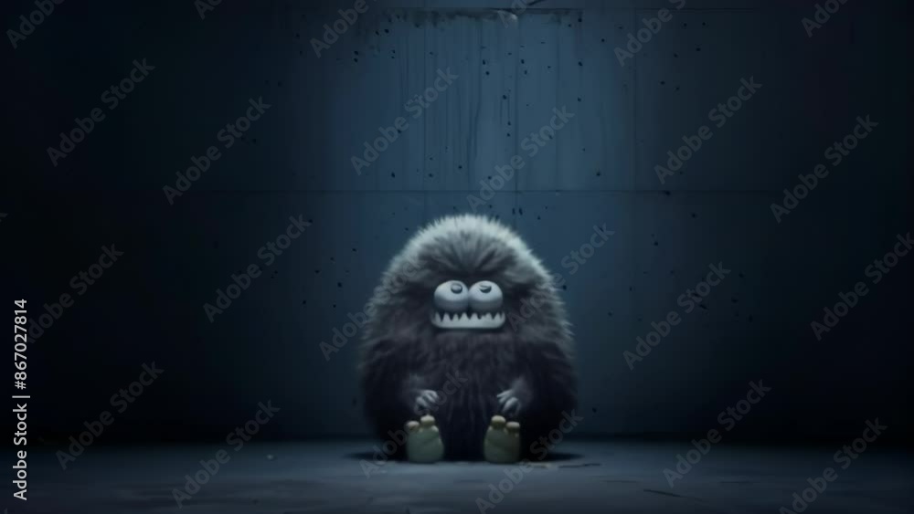 Fuzzy, dark creature with glowing eyes sits in dimly lit room. Round ...