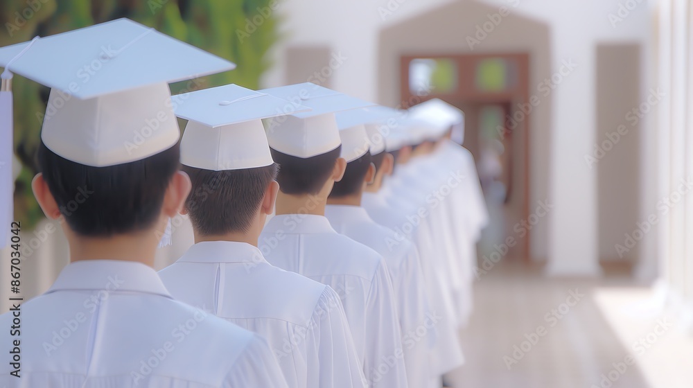 Rear view of young graduates in white uniforms and caps, standing in a ...
