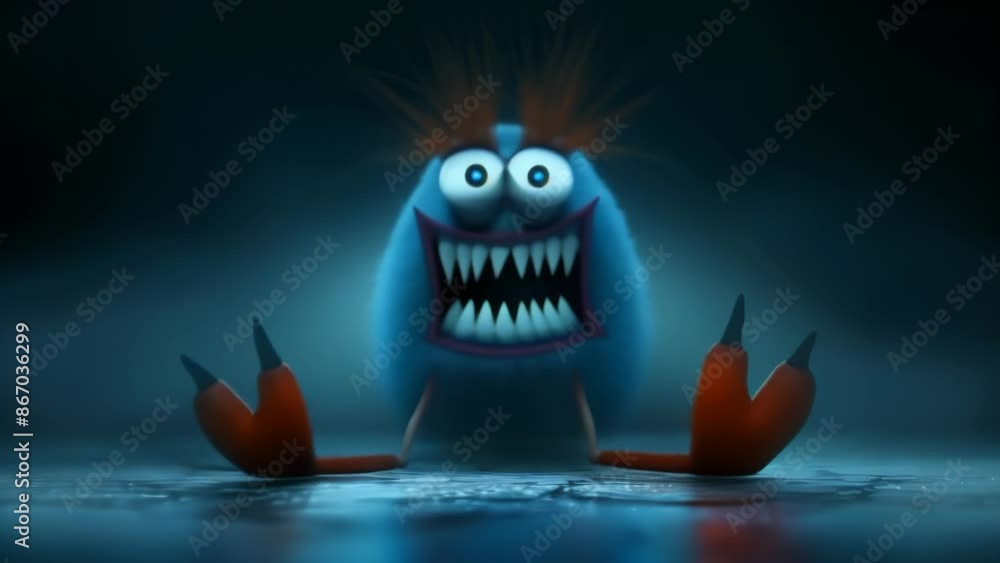 Round blue monster emerges from dark water. Large glowing eyes and ...