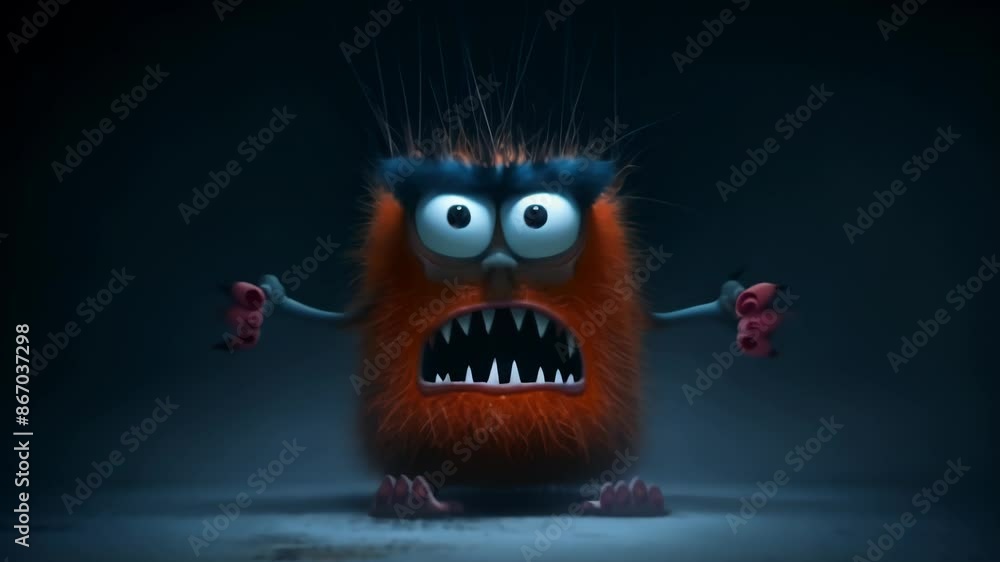 Fuzzy orange cube-shaped monster with big glowing eyes and gaping mouth ...