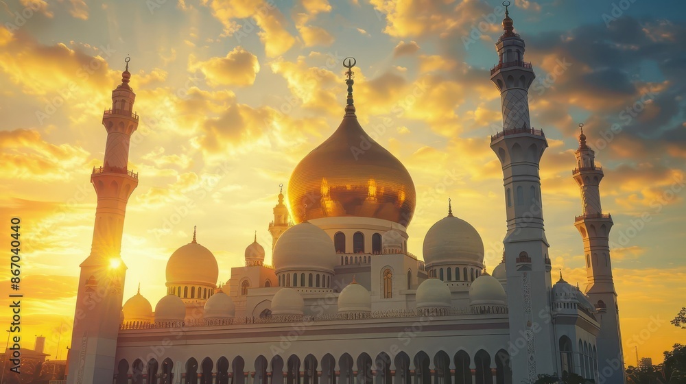 majestic mosque at sunset grand islamic architecture with golden domes ...