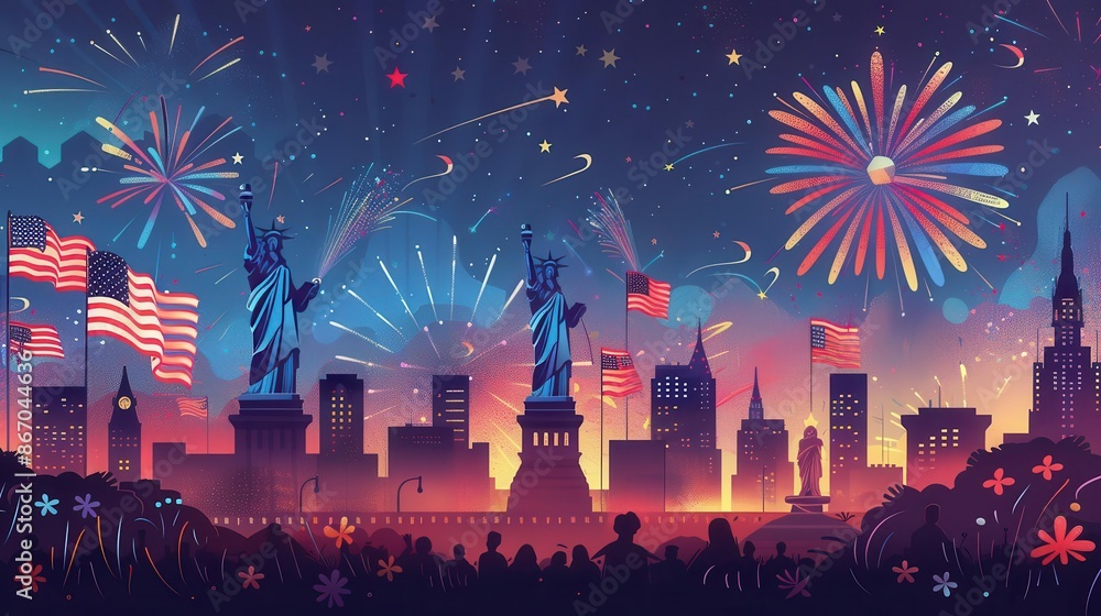 patriotic american landscape with iconic landmarks waving flags and ...