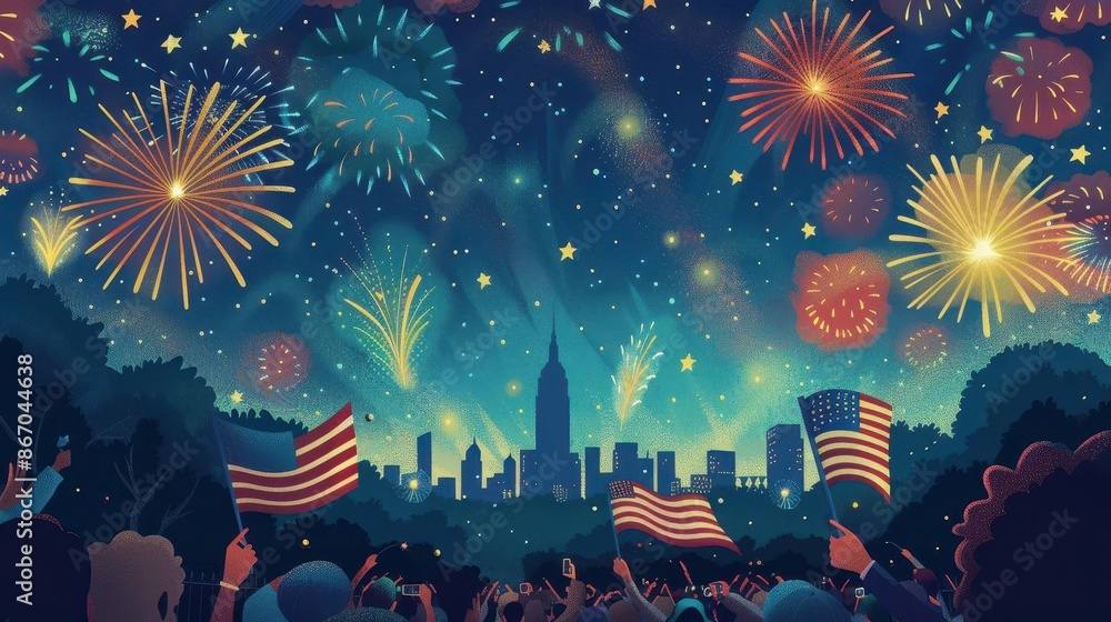 patriotic american landscape with iconic landmarks waving flags and ...