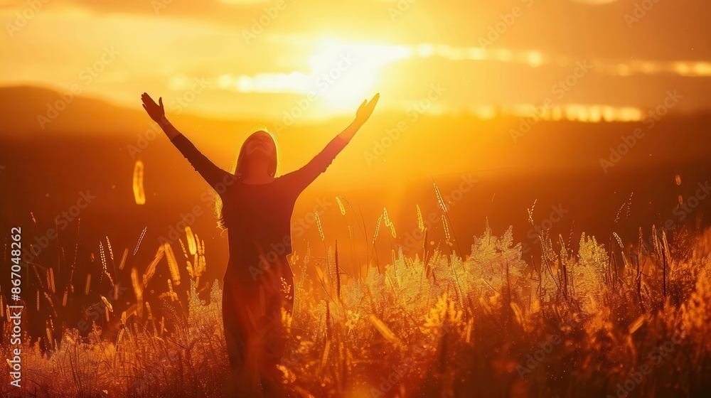 silhouette of woman with arms raised in joyful praise against dramatic ...
