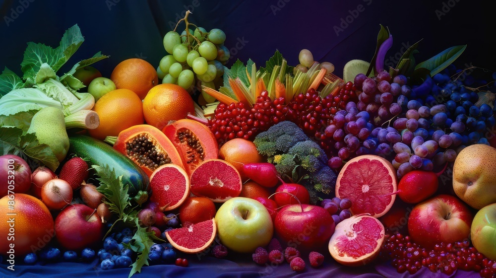 vibrant still life of exotic fruits and vegetables arranged in rainbow ...