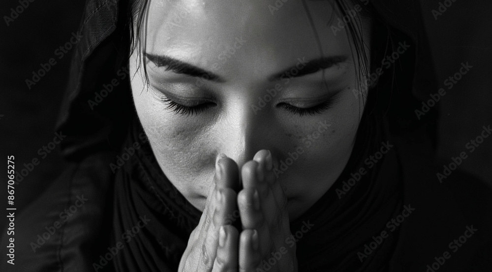 portrait in a dark, moody setting.Young pretty asian women monks in ...