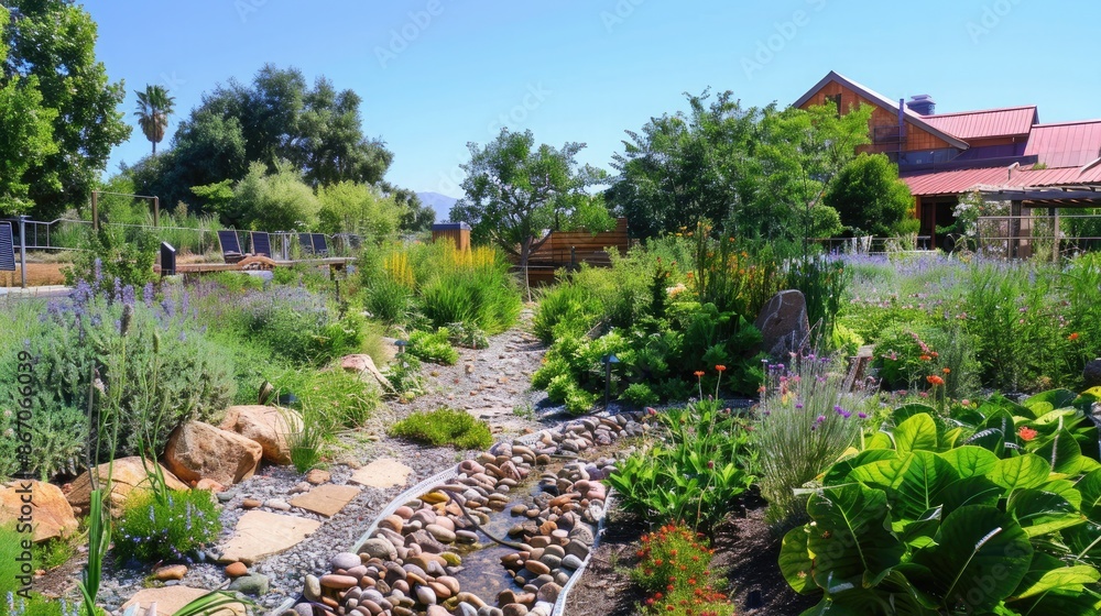 A scenic urban garden with water-efficient irrigation systems and ...