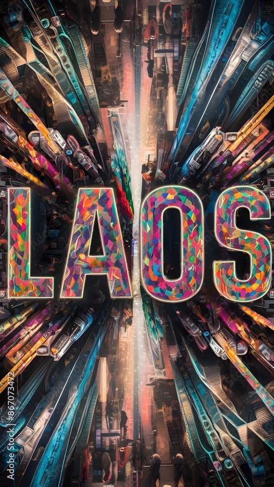 Large, colorful letters spell out “Laos” filled with intricate patterns ...