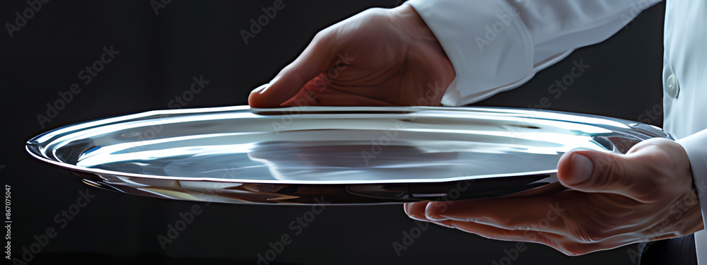 Waiter tray butler hand serve hold plate isolated white man silver ...