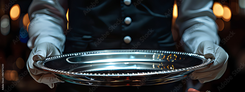 Waiter tray butler hand serve hold plate isolated white man silver ...