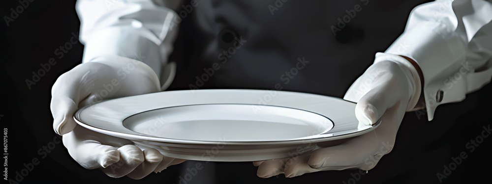 Waiter tray butler hand serve hold plate isolated white man silver ...