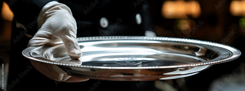 Waiter tray butler hand serve hold plate isolated white man silver ...