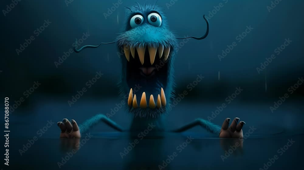 Comically frightening sea monster with bulging eyes and massive toothy ...