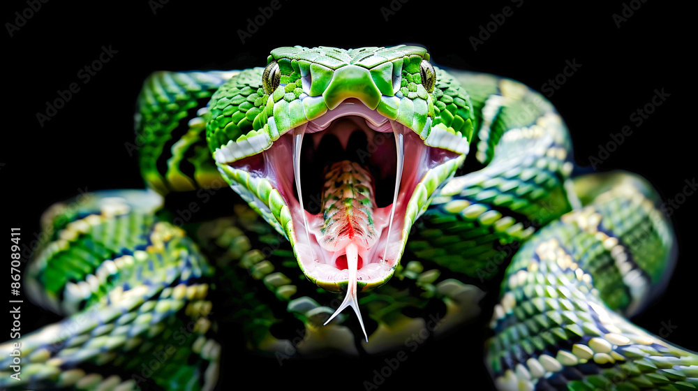 Fierce green viper snake with open mouth baring its sharp fangs and ...