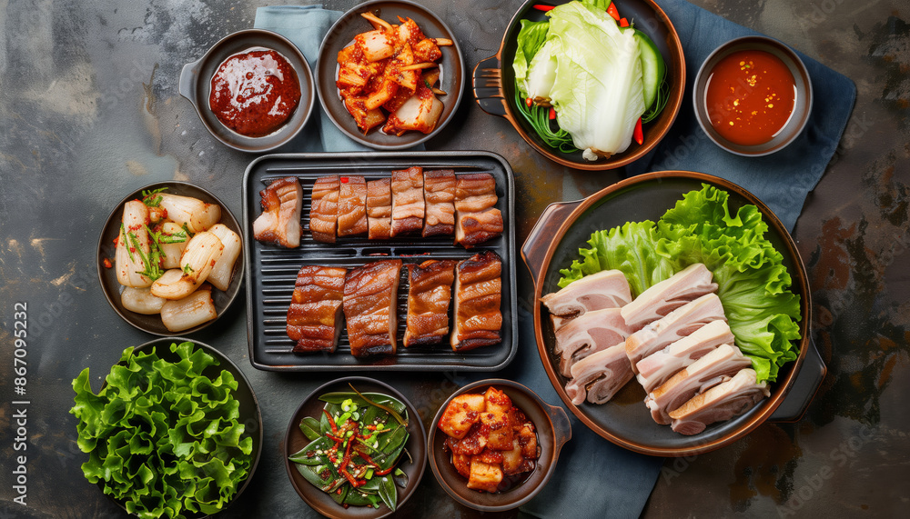 Samgyeopsal A Korean dish consisting of grilled pork belly and eaten ...